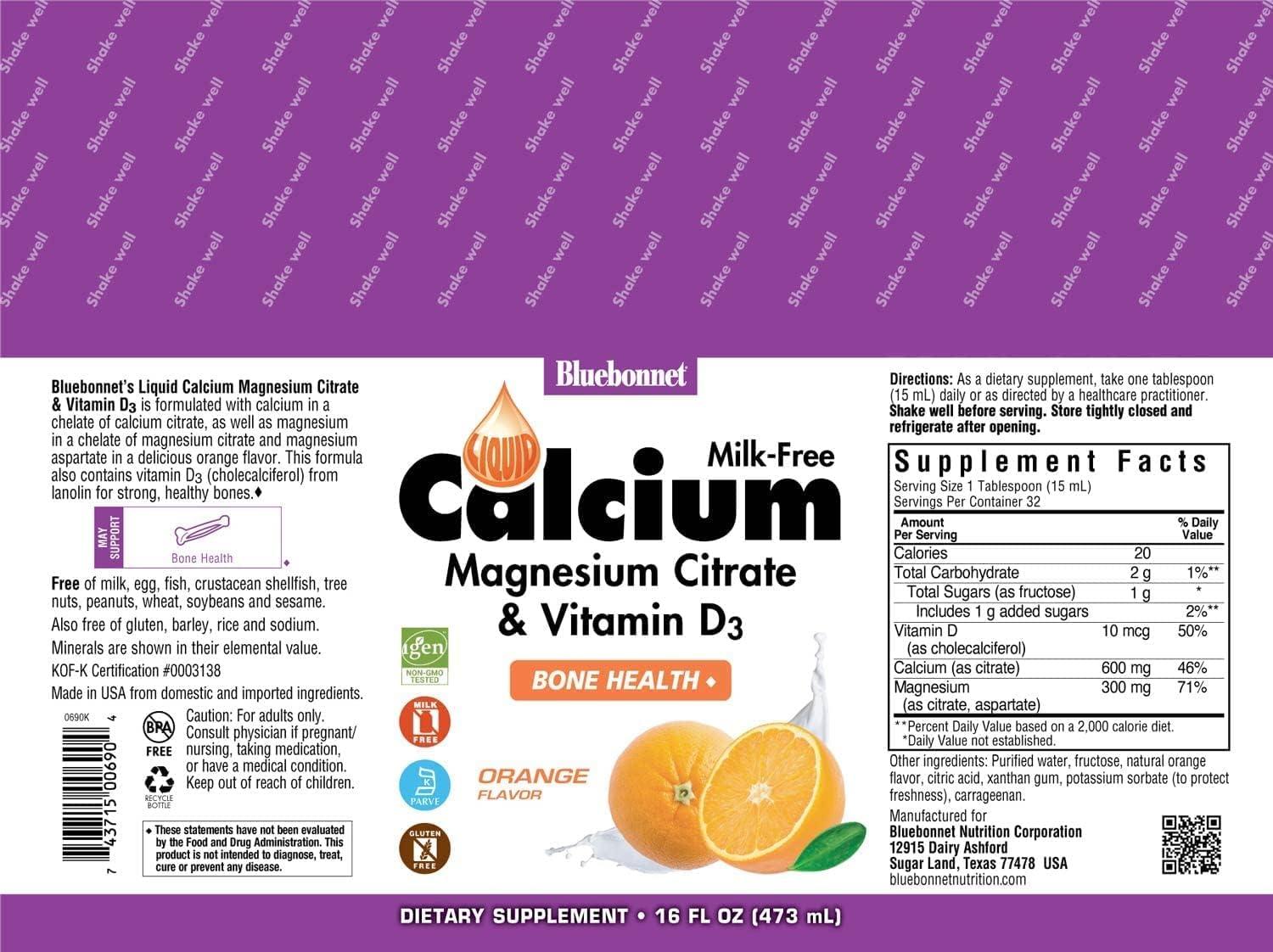 Bluebonnet Nutrition Liquid Calcium Citrate with Magnesium, Vitamin D3 ...
