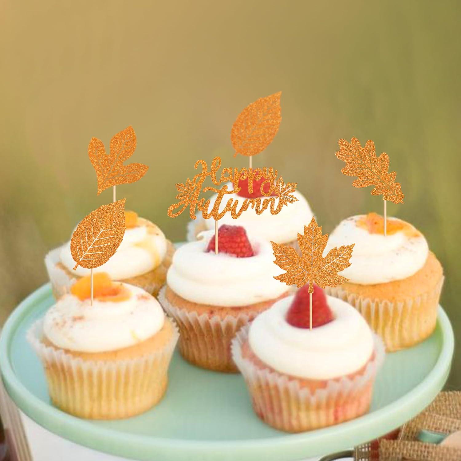 Blumomon 30PCS Maple leaf Happy Autumn Cupcake Toppers with Glitter ...