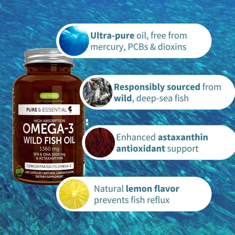 Pure & Essential High Absorption rTG Omega-3 Fish Oil 1360mg - Non-GMO, 2:1 EPA DHA Ratio ...