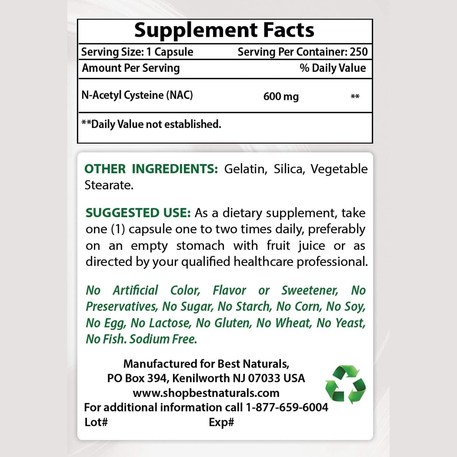 Best Naturals NAC 600mg - 250 Capsules | Powerful Antioxidant Supplement