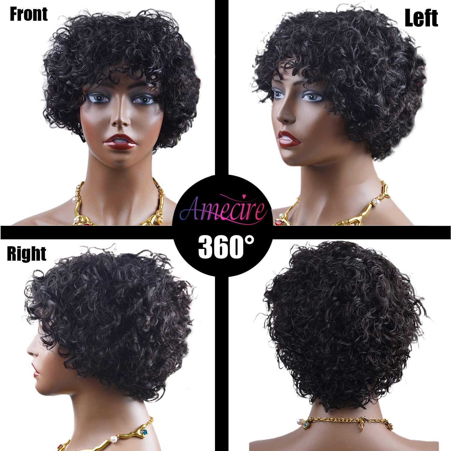 Amecire Short Curly Wig for Black Women - Brazilian Virgin Human Hair ...