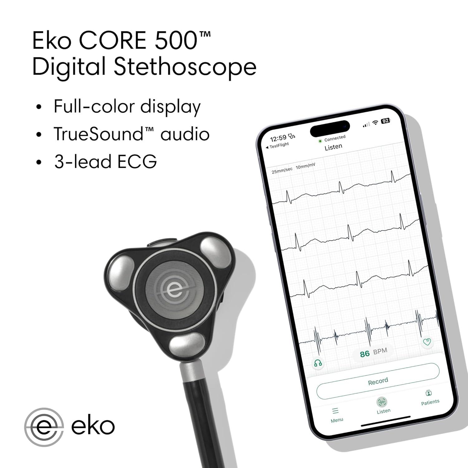 Eko CORE 500 Digital Stethoscope - Advanced TrueSound Audio 3-Lead ECG Full-Color Display Silver ...