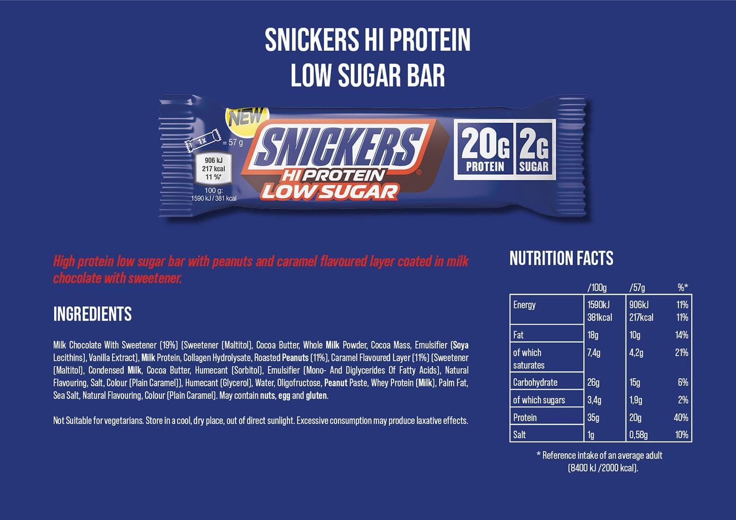 Snickers Milk Chocolate Low Sugar Protein Bars (12 x 57g) - 20g Protein High Energy Snack | Buy ...