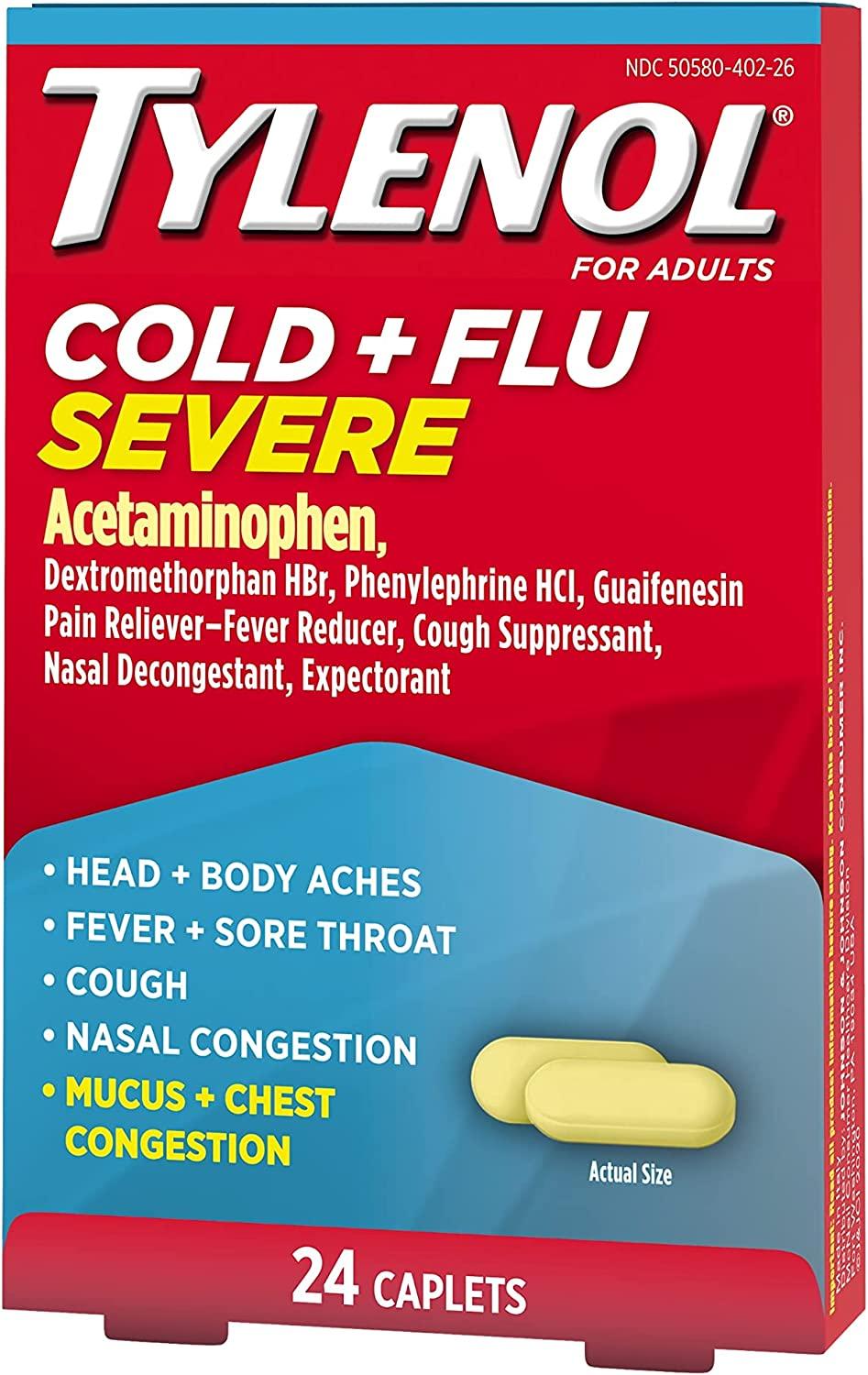 Tylenol Cold & Flu Severe Caplets - 24 ct Relief for Fever, Pain, Cough ...