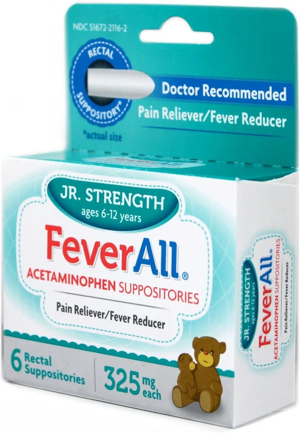 FeverAll Acetaminophen Suppositories Jr. Strength 325MG - Pack of 6