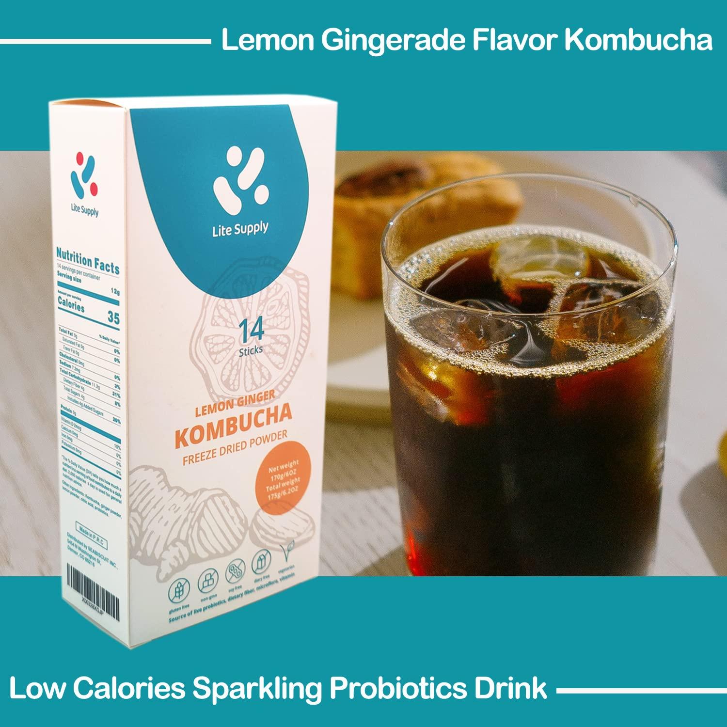 LITE SUPPLY Kombucha Tea Powder Sticks - Lemon Ginger Probiotic Drink ...