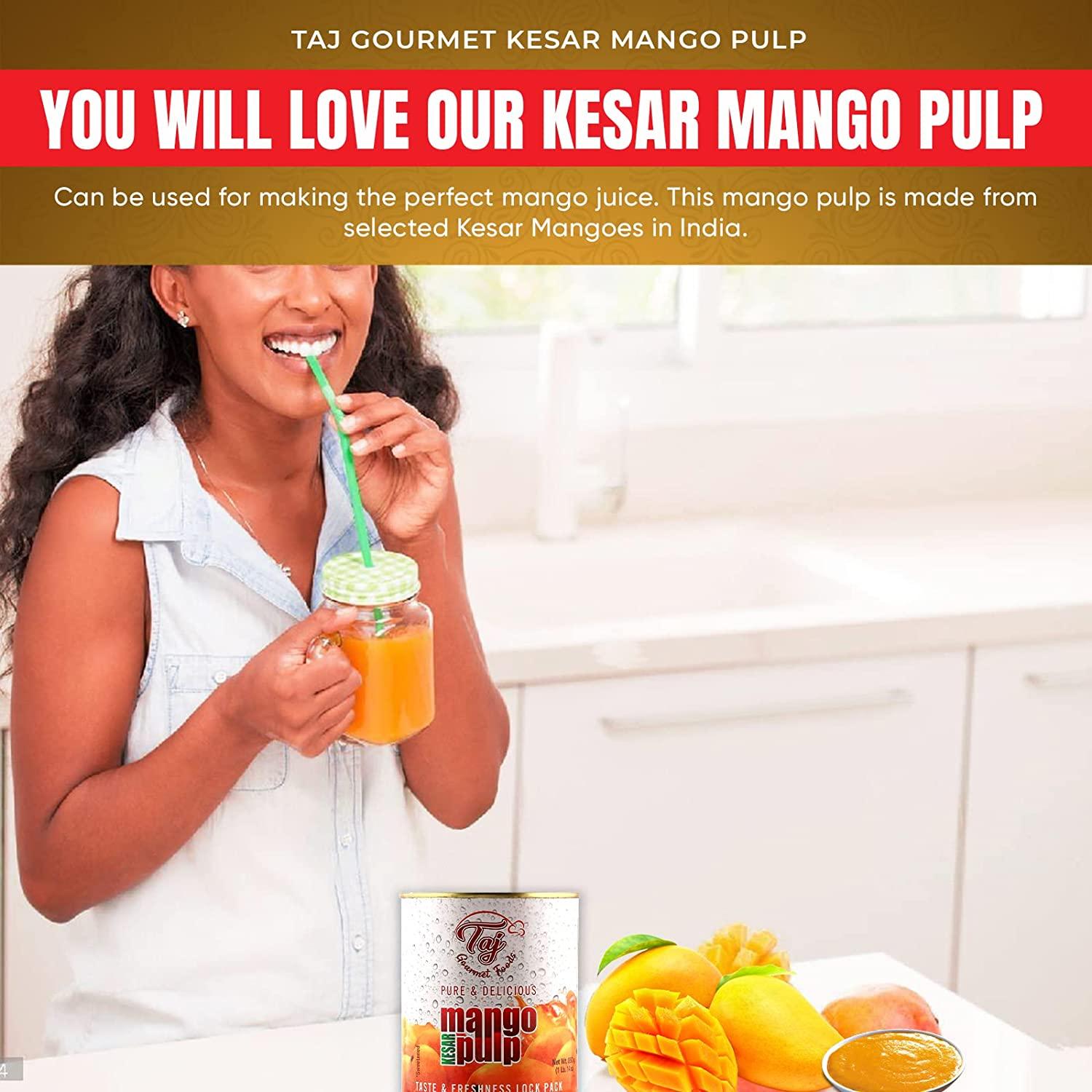 TAJ Kesar Mango Pulp 30oz - Sweetened Mango Puree for Delicious Recipes ...