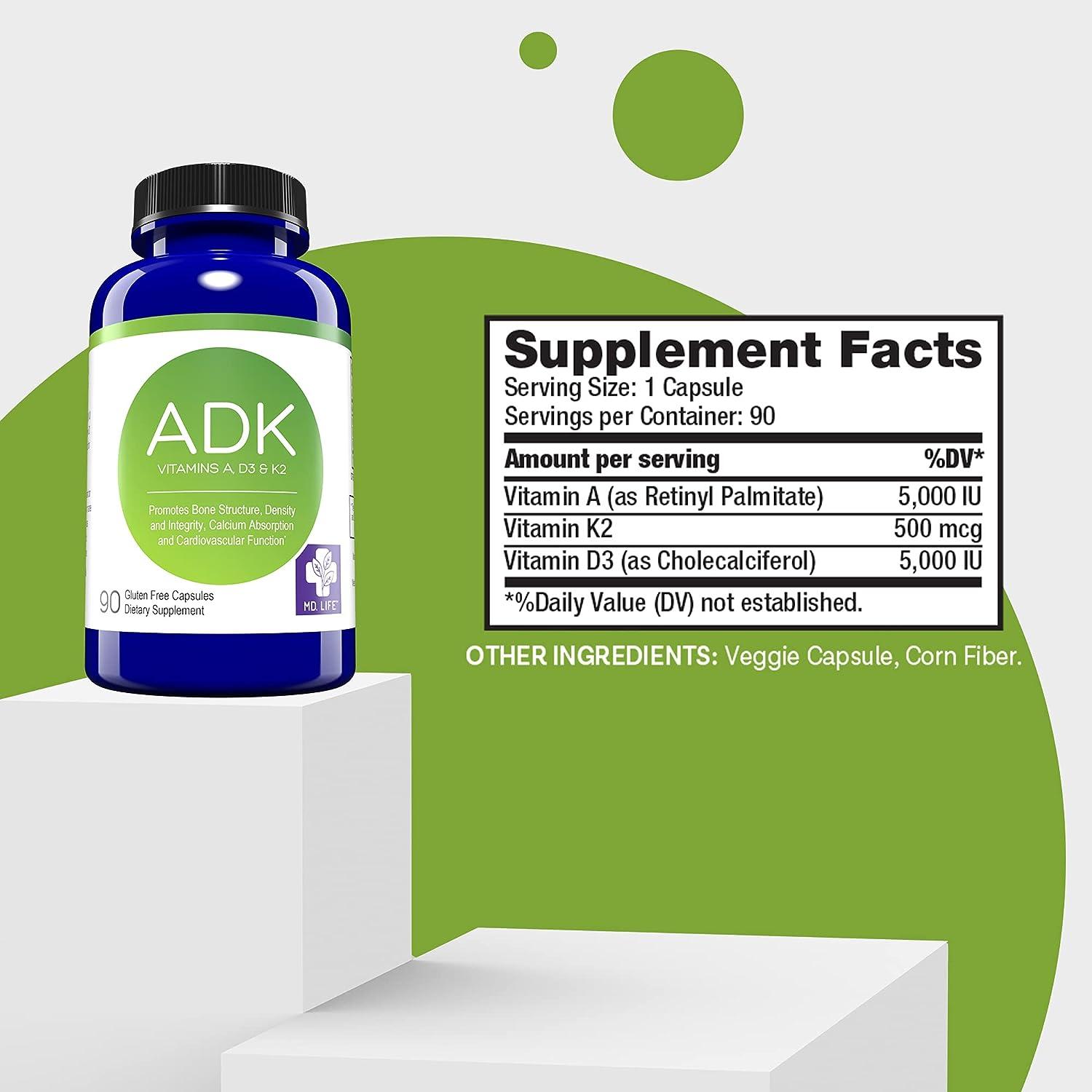 MD.LIFE ADK Vitamin Supplement - High Potency Vitamin D3 K2 A Complex ...