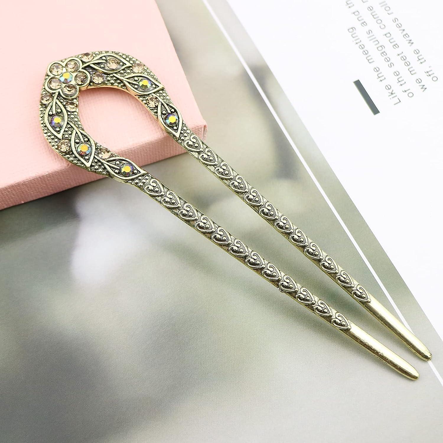 Vintage Crystal Rhinestone Double Prong Hair Stick Set - Champagne ...