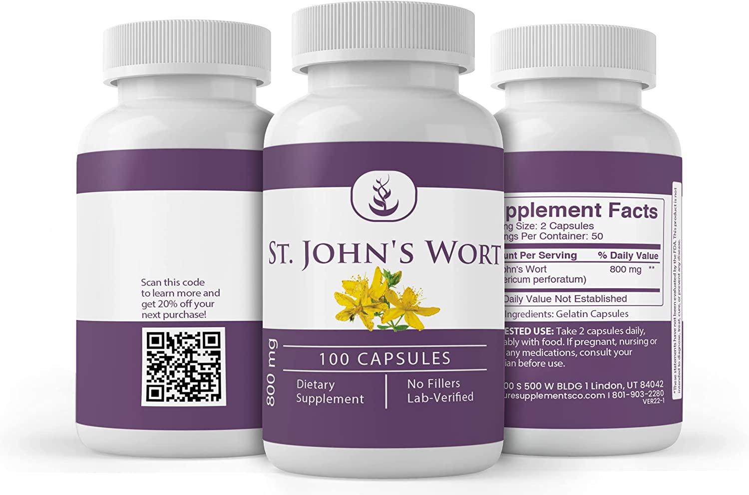Pure St. John's Wort 100 Capsules - Lab Verified, No Additives, 100 Count