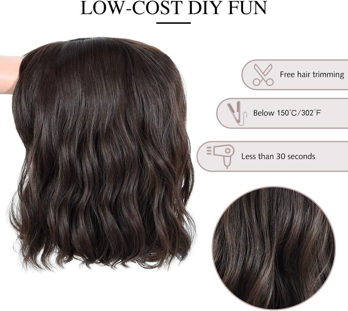 Wavy Bob Wig with Bangs - Natural Brown Synthetic Hair Shoulder Length ...
