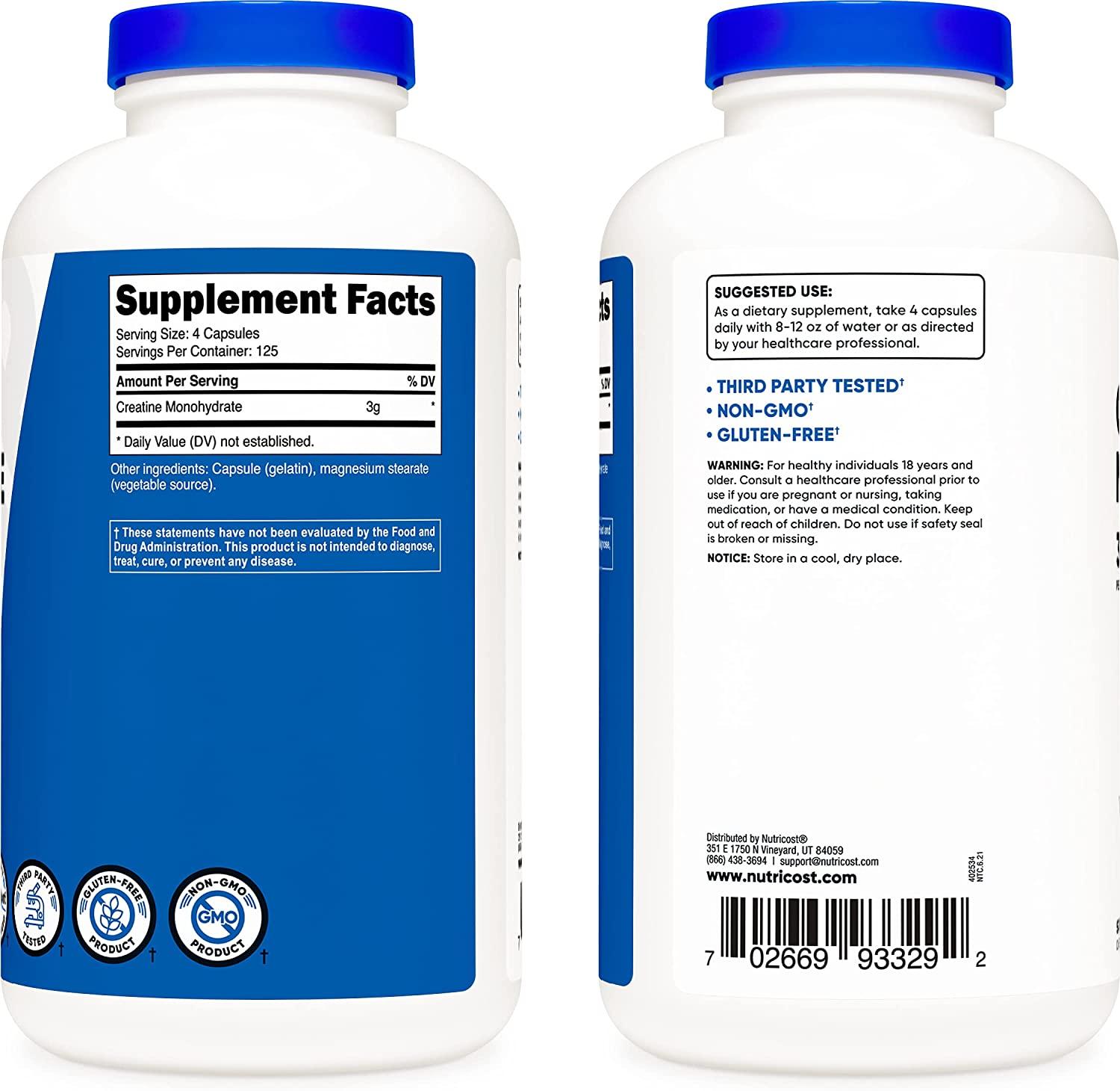 Nutricost Creatine Monohydrate 3000mg - 500 Capsules (3 Bottles) - Best ...
