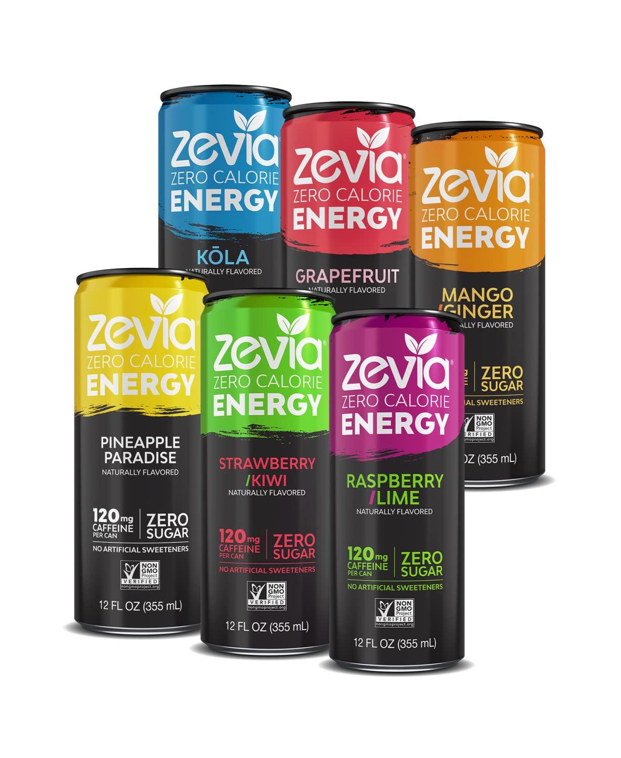 Zevia Zero Calorie Energy Drink Variety Pack 12 oz (Pack of 12) - 6 Flavors Essential Selection ...