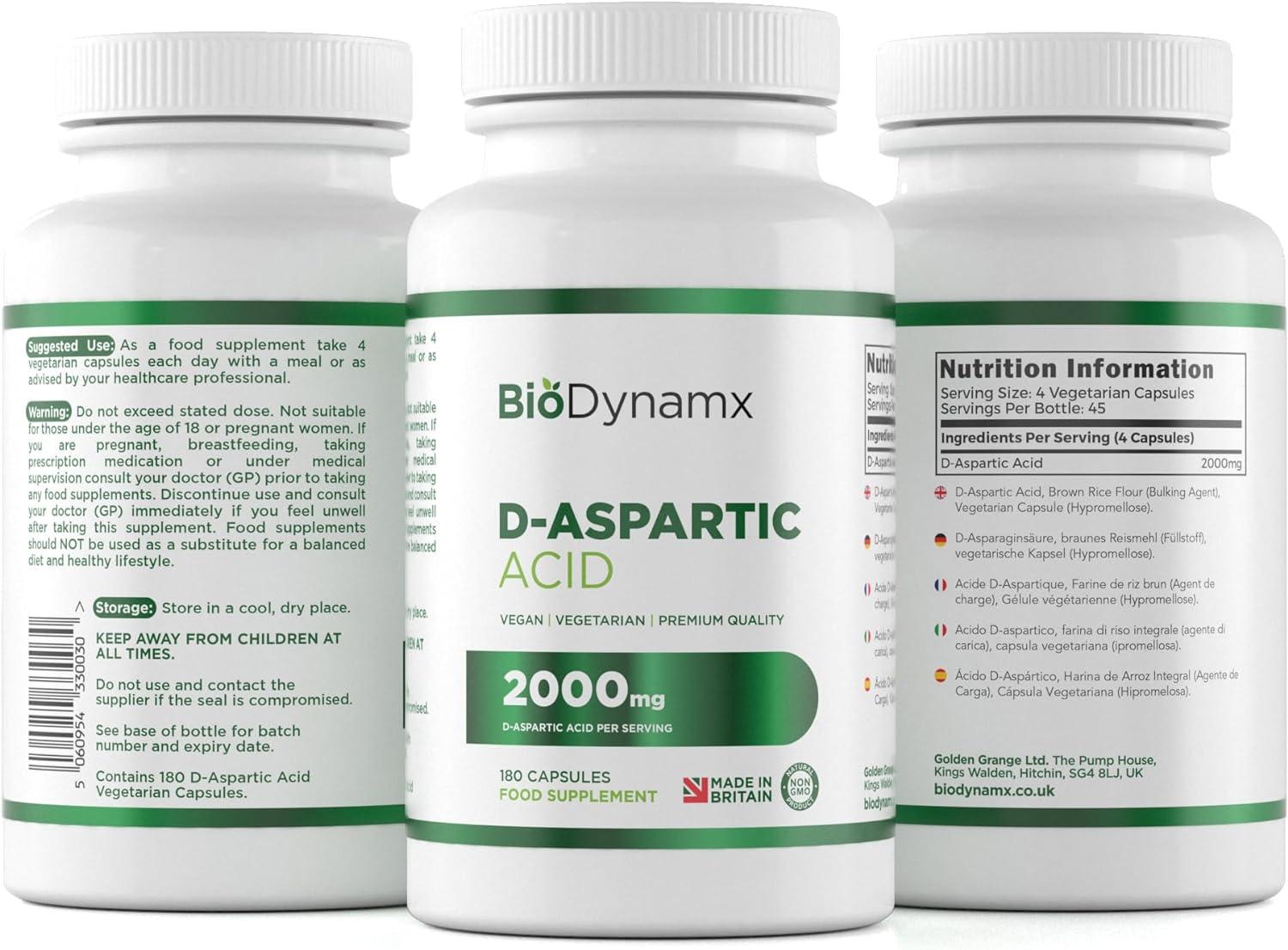 BioDynamx D Aspartic Acid | 180 Capsules | 500mg D-Aspartic Acid Supplement | Non-GMO & Allergen ...