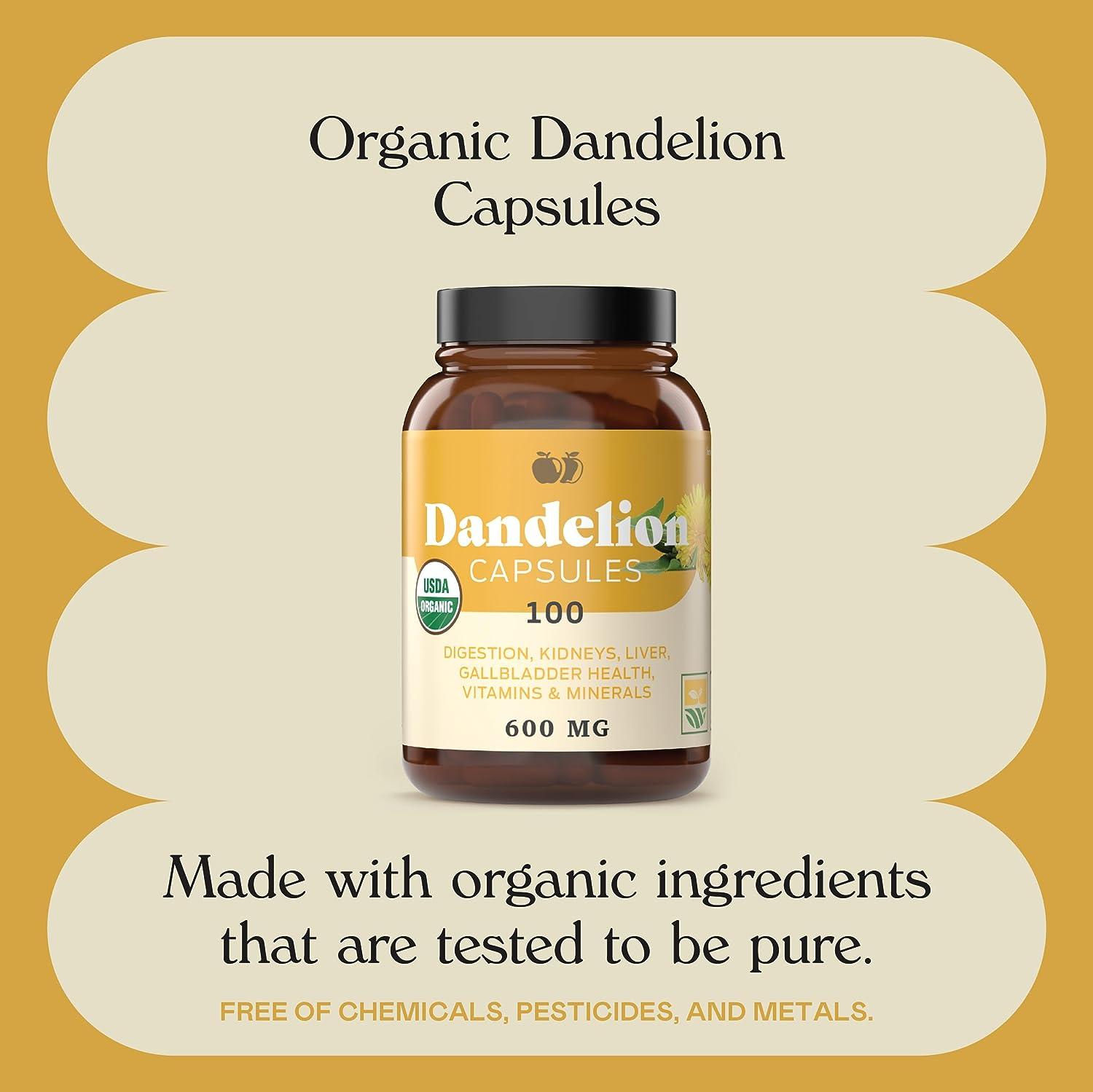 Organic Dandelion Root Powder Extract Capsules - 530mg (100 Pills ...