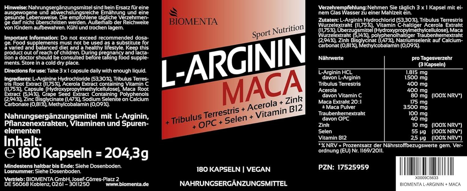 Biomenta L-Arginine + Maca Capsules - 180 Vegan Supplements with ...