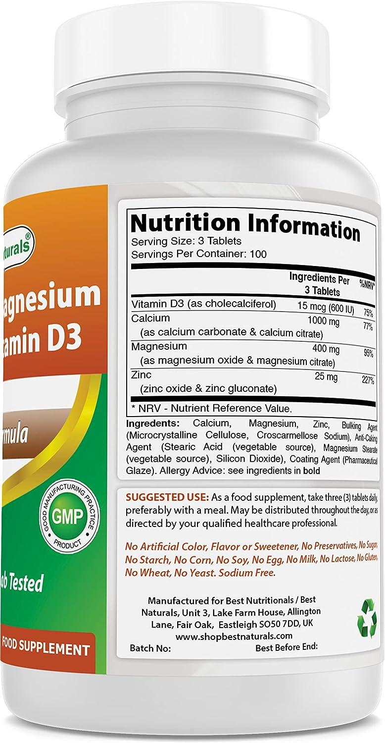 Best Naturals Calcium Magnesium Zinc with Vitamin D3 - 300 Tablets ...