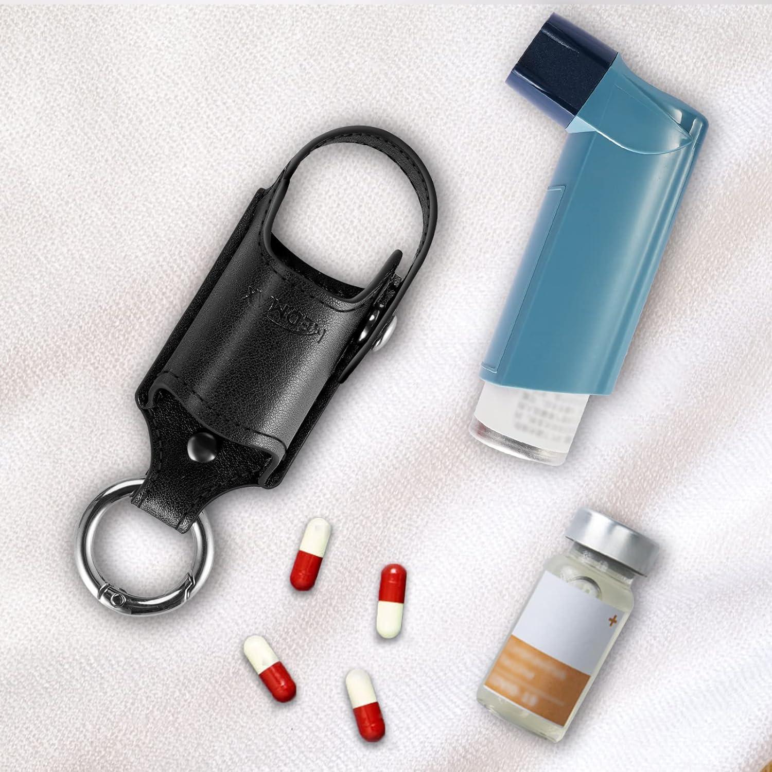 MEDMAX Asthma Inhaler Holder PU Leather Case with Carabiner Clip - Black