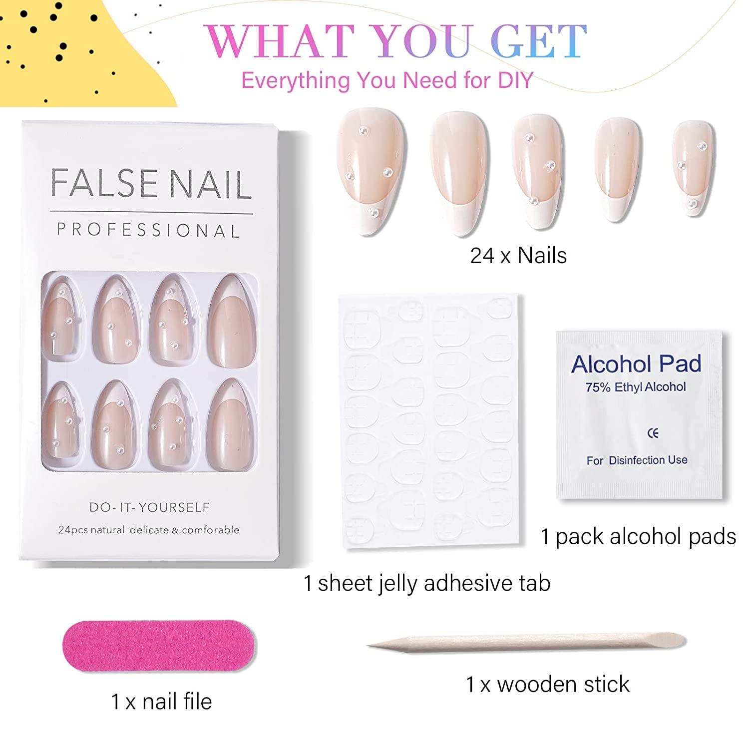 Canvalite French Tip Press On Nails Medium - Pearl Almond Short Glue On Nails - 24 Nail Kit with ...
