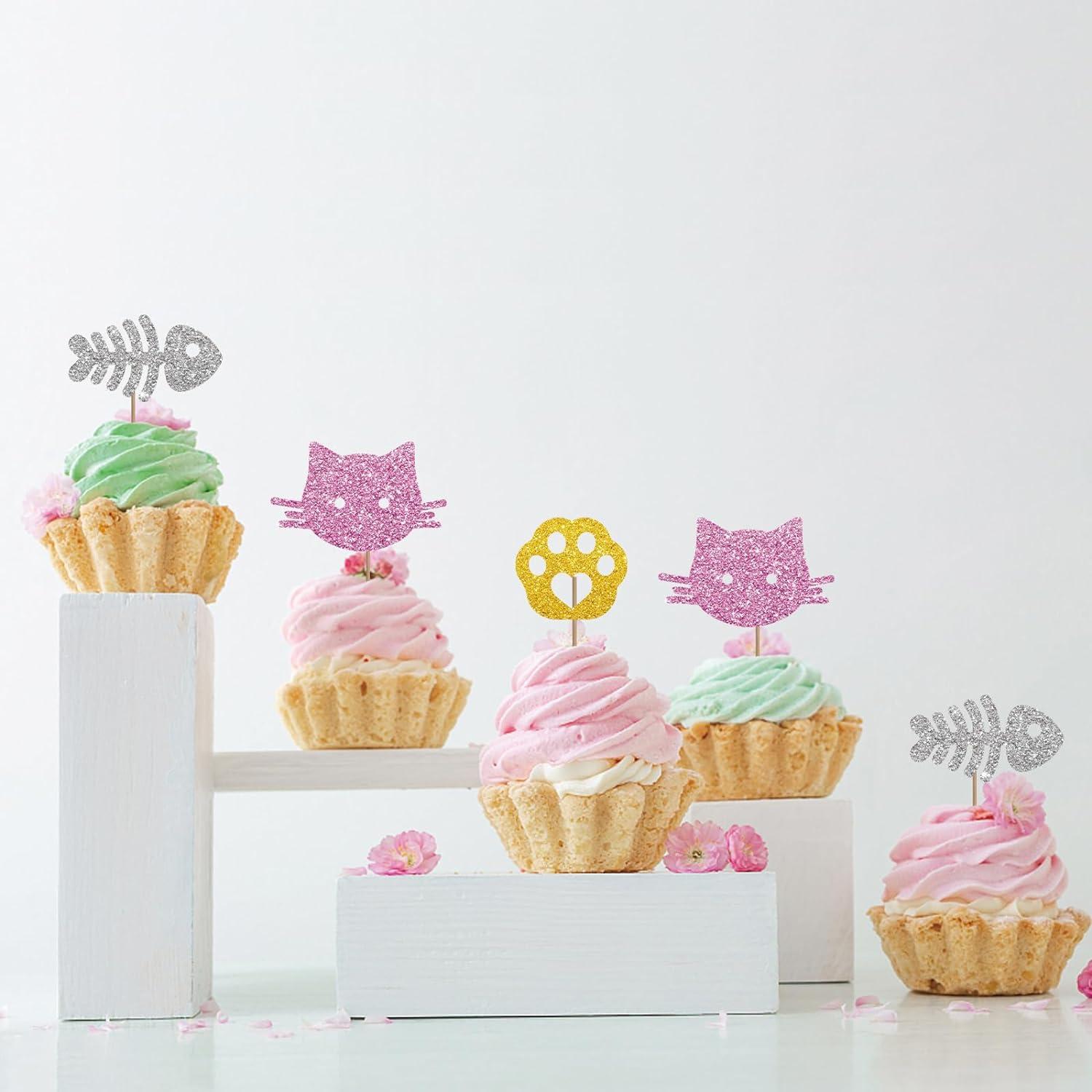 Set of 24 Cat Cupcake Toppers Pink&Gold Glitter Kitten Cupcake Picks ...