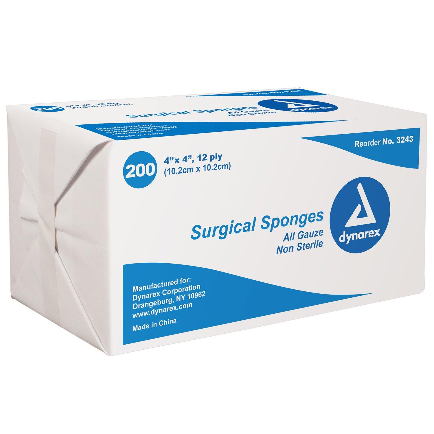 Dynarex Surgical Gauze Sponges - 200 Count, 100% Cotton, Non-Sterile ...