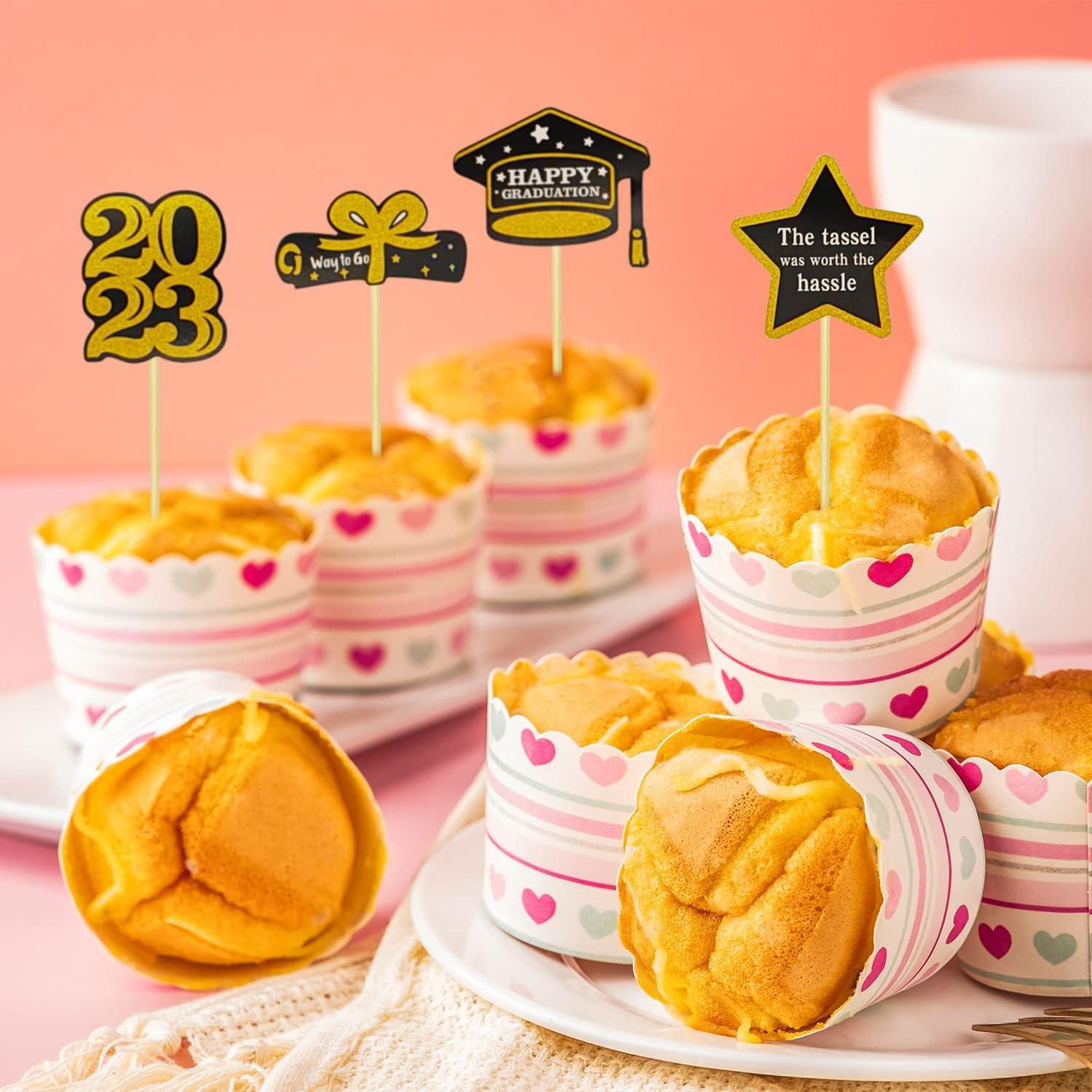 2023 Graduation Cake Toppers 10Pcs Black Gold Glitter Happy Graduation ...