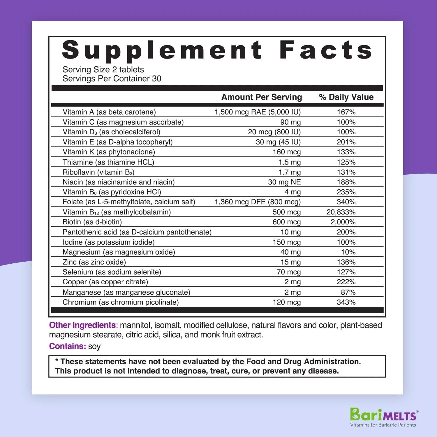 BariMelts Multivitamin Bariatric Vitamins | Natural Fruit Flavor | 60 ...
