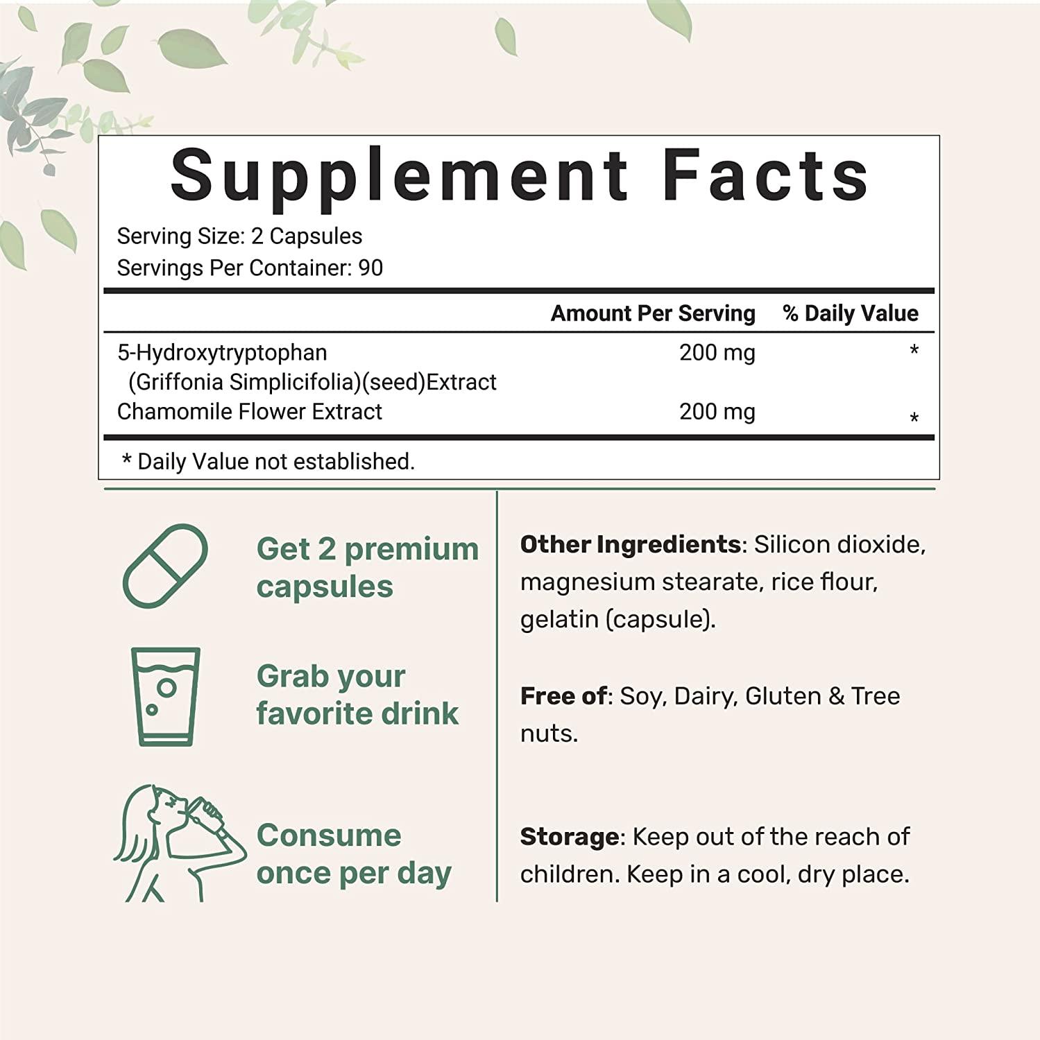 Microingredients 5-HTP 200mg with Chamomile Flower Extract | 180 ...