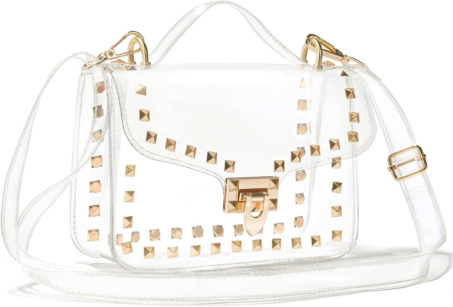 Small Clear Crossbody Stadium Bag with Fashion Golden Square Rivet ...