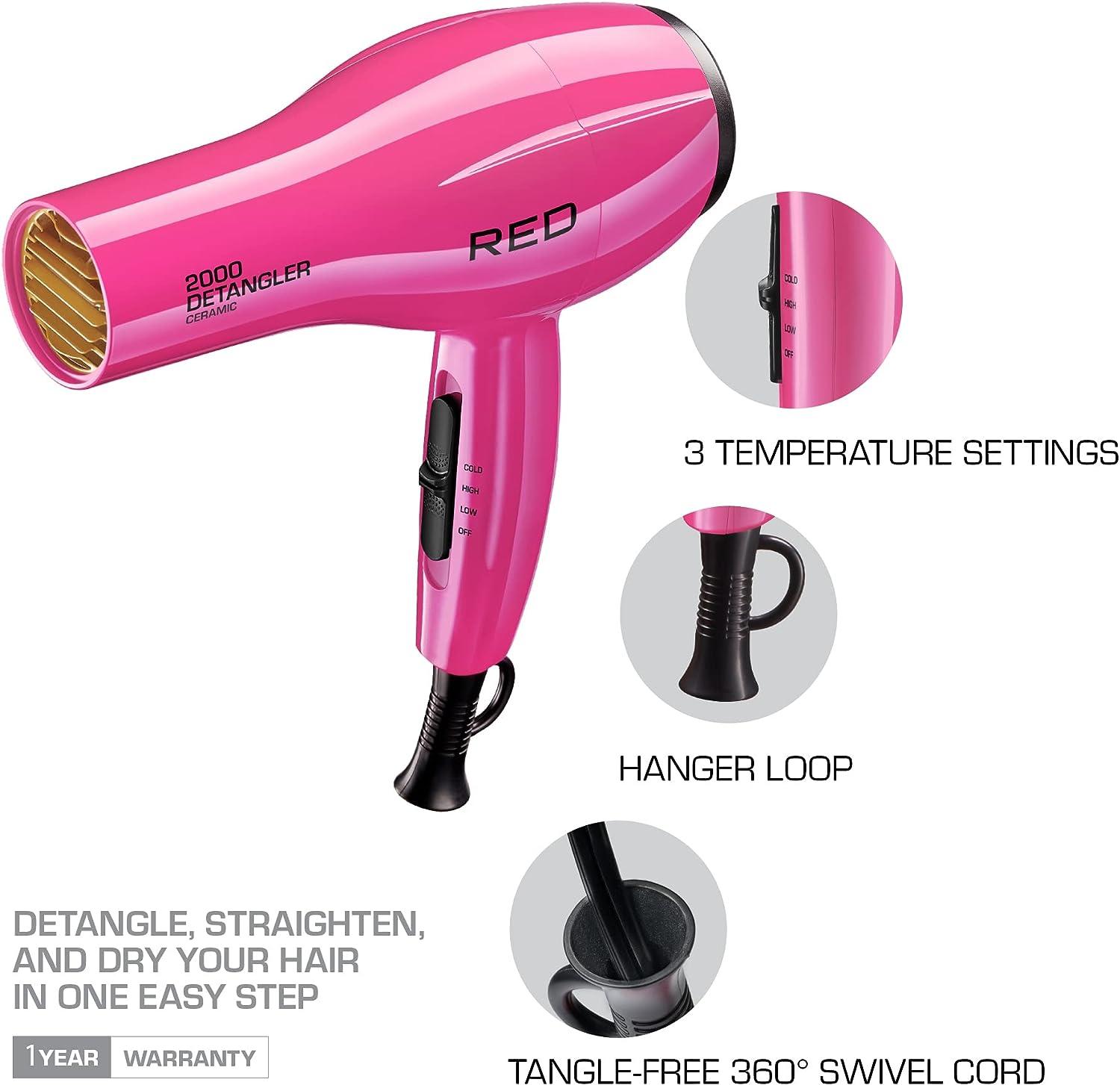 RED by KISS 2000 Detangler Ceramic Dryer with 3 Bonus Piks - Pink Color ...