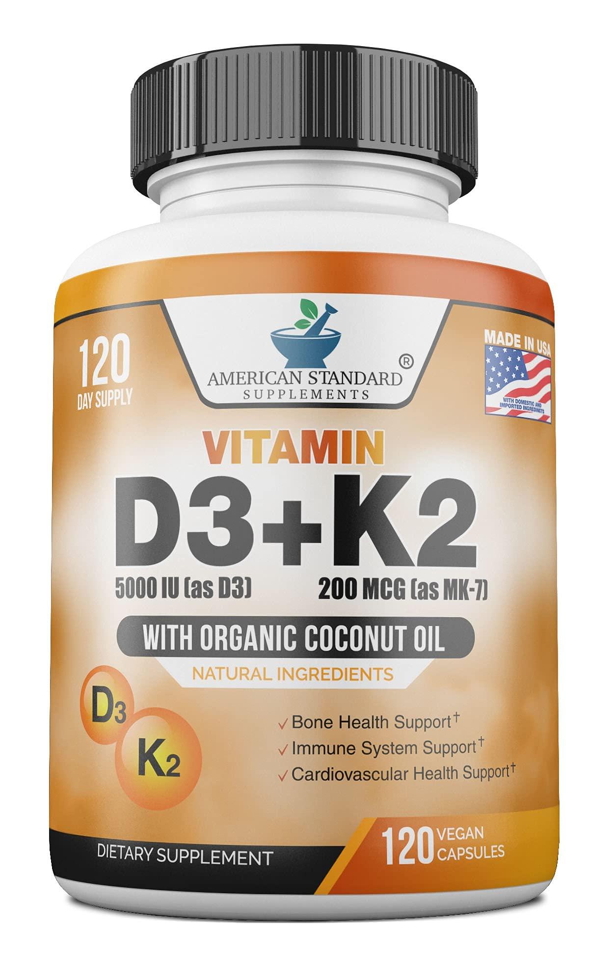 Vitamin D3 K2 (MK-7) 5000IU + 200mcg w/ Organic Coconut Oil | Immune & Bone Health | No Fillers ...