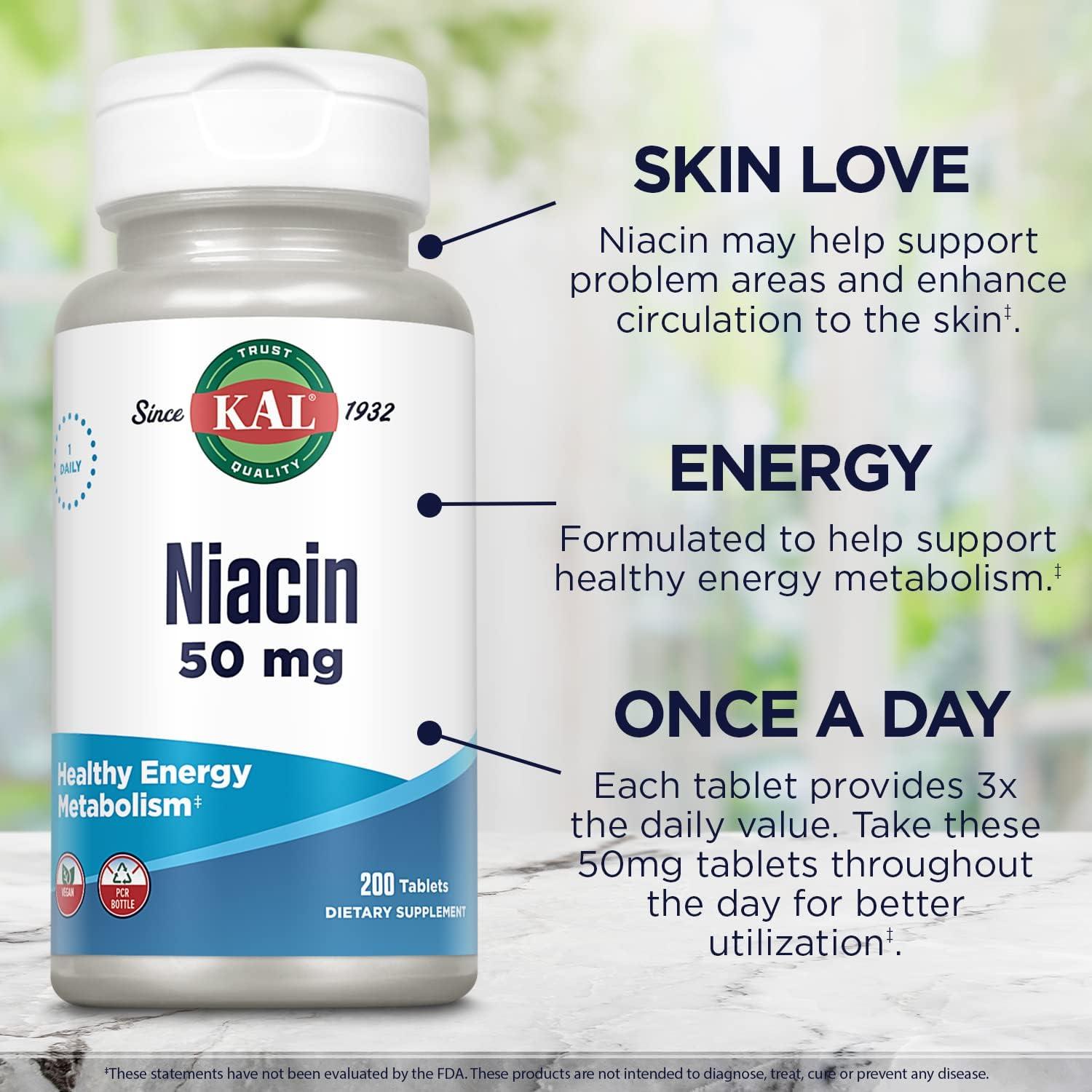 Kal 50mg Niacin Tablets - 200 Count | High Quality Niacin Supplement ...