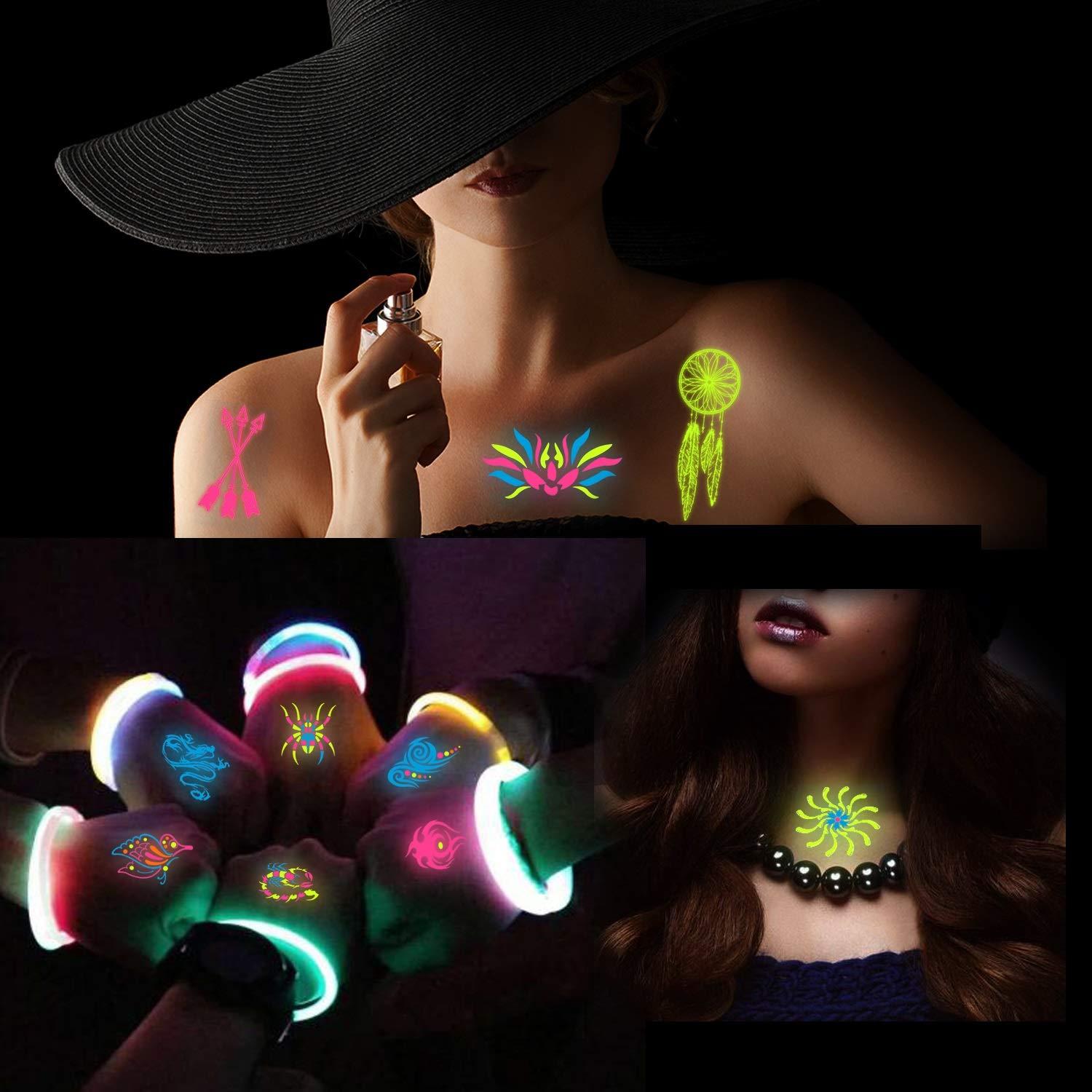 HOWAF 7 Large Sheets Neon Temporary Tattoos 100+ Shimmer Designs Glow ...
