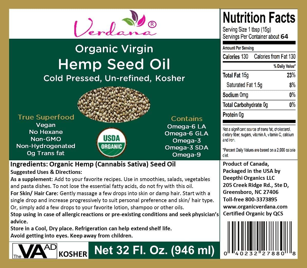 Organic Verdana Virgin Hemp Seed Oil - Unrefined Canadian Cold Pressed ...