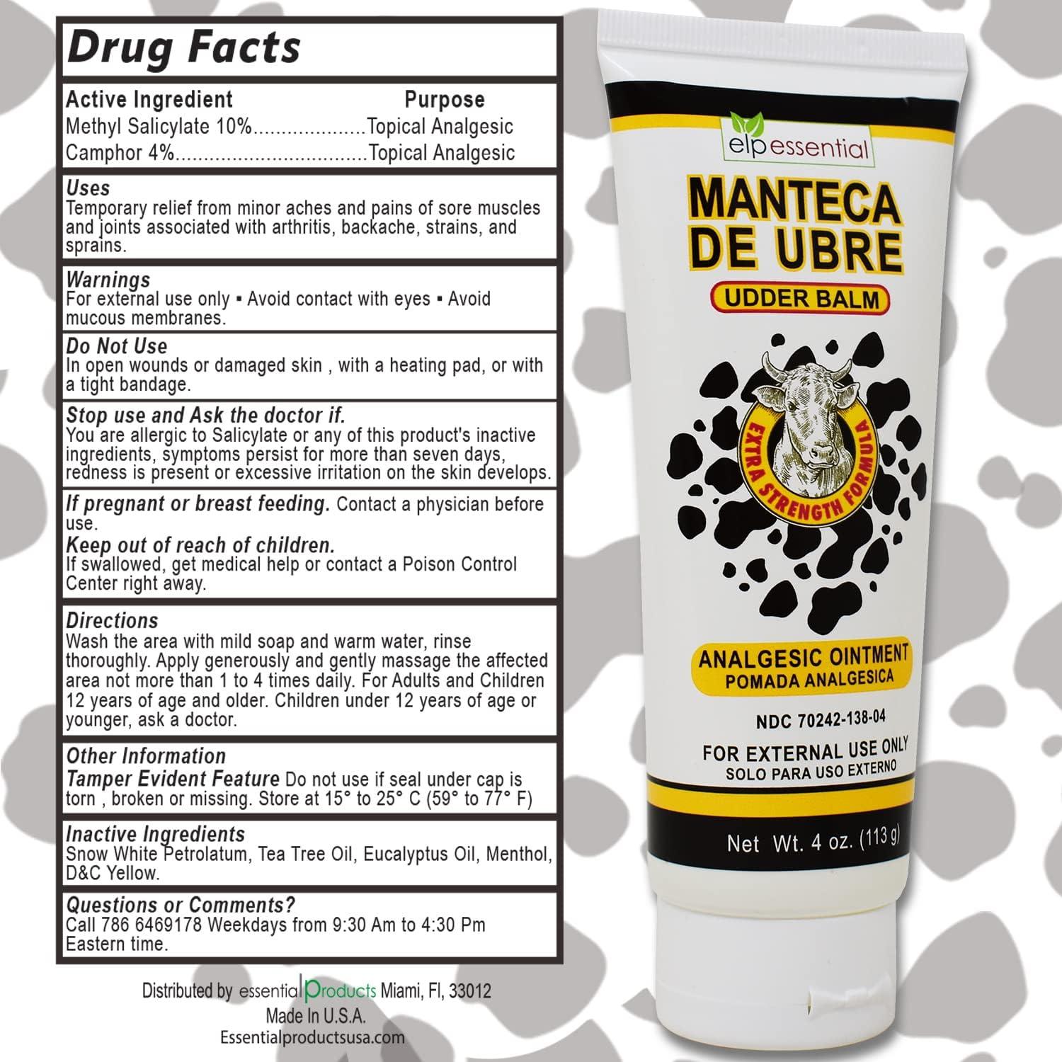 Manteca de Ubre Udder Balm 4 oz - Analgesic Ointment for Pain Relief ...