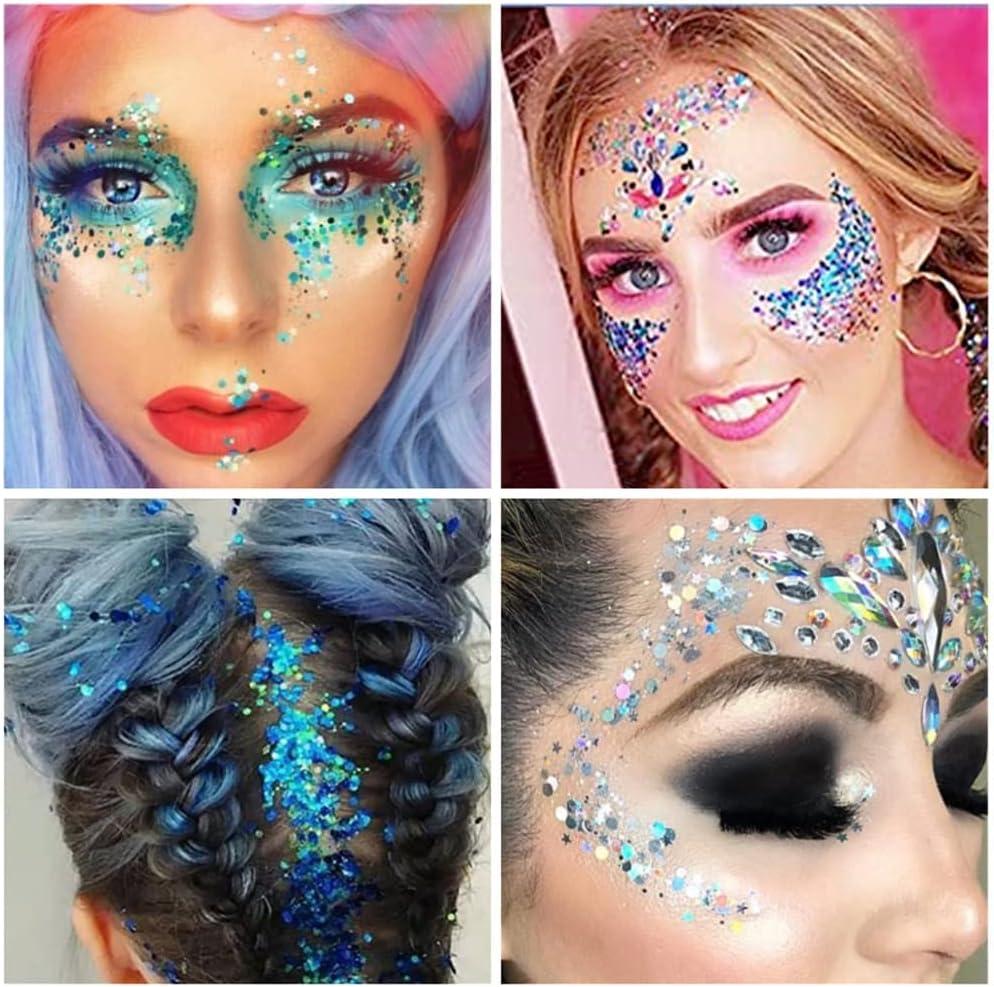 Go Ho Blue Face Glitter Gel - Holographic Chunky Sequins Glitter for ...