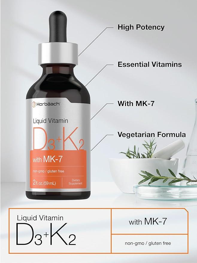 Vitamin D3 + K2 Liquid Drops | with MK7 | 2 Fl Oz | Vegetarian | Non-GMO, Gluten Free Supplement ...