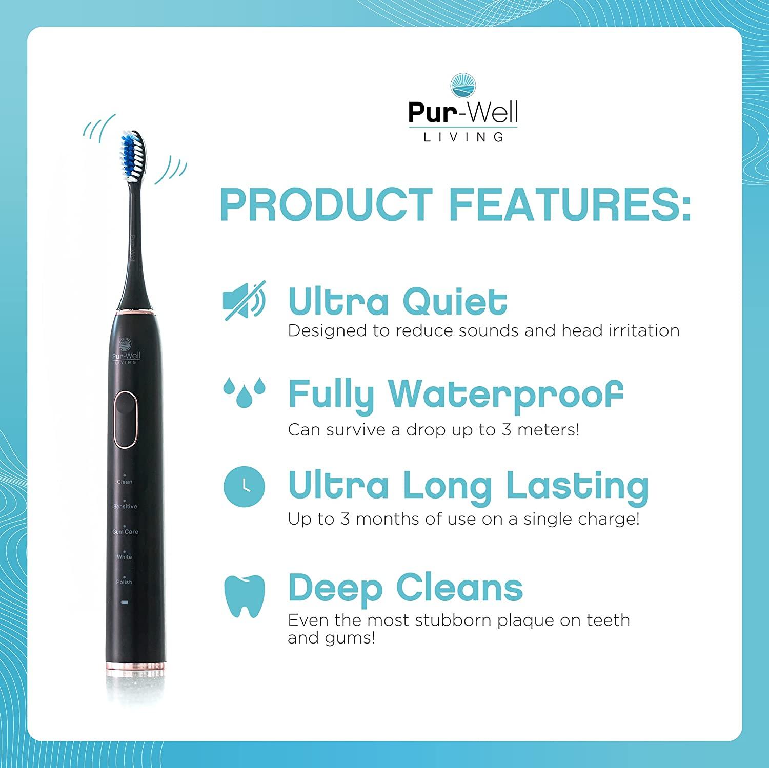 Pur-Well Living Pur-Hydro Clean Electric Toothbrush with Dupont Brush Heads - USB Charging ...