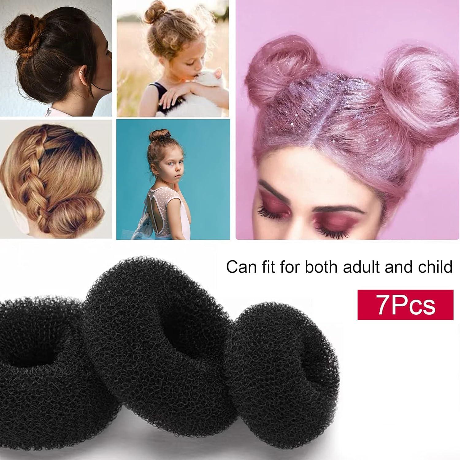 Donut Hair Bun Set - 7 Pcs (4 Sizes) with 10 Elastic Bands & 20 Clips ...