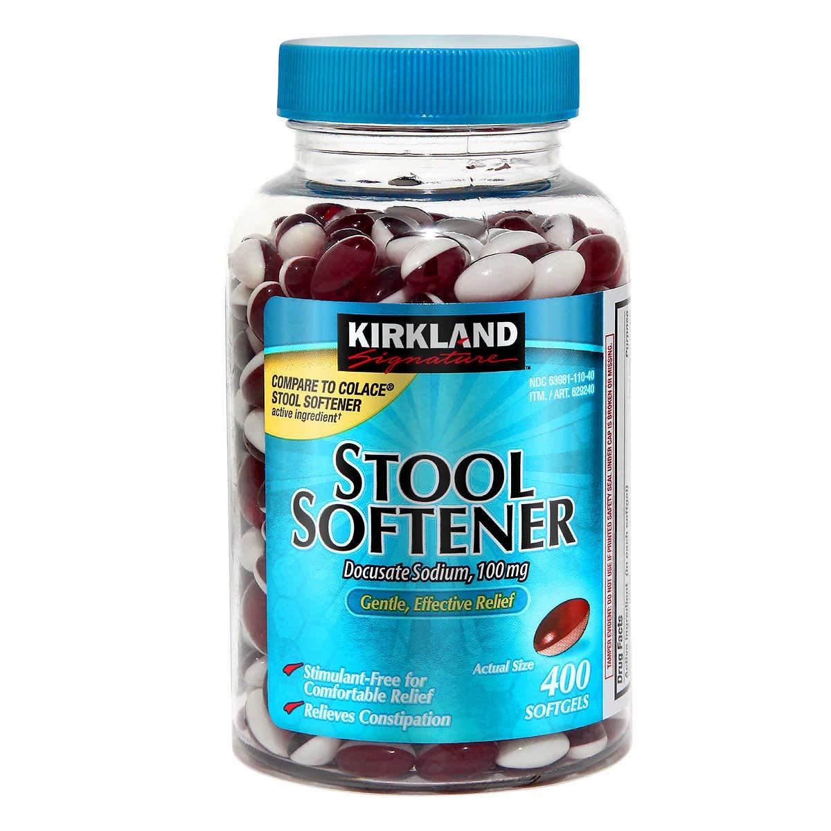 Kirkland Signature Stool Softener Docusate Sodium 100mg - 800 Softgels ...