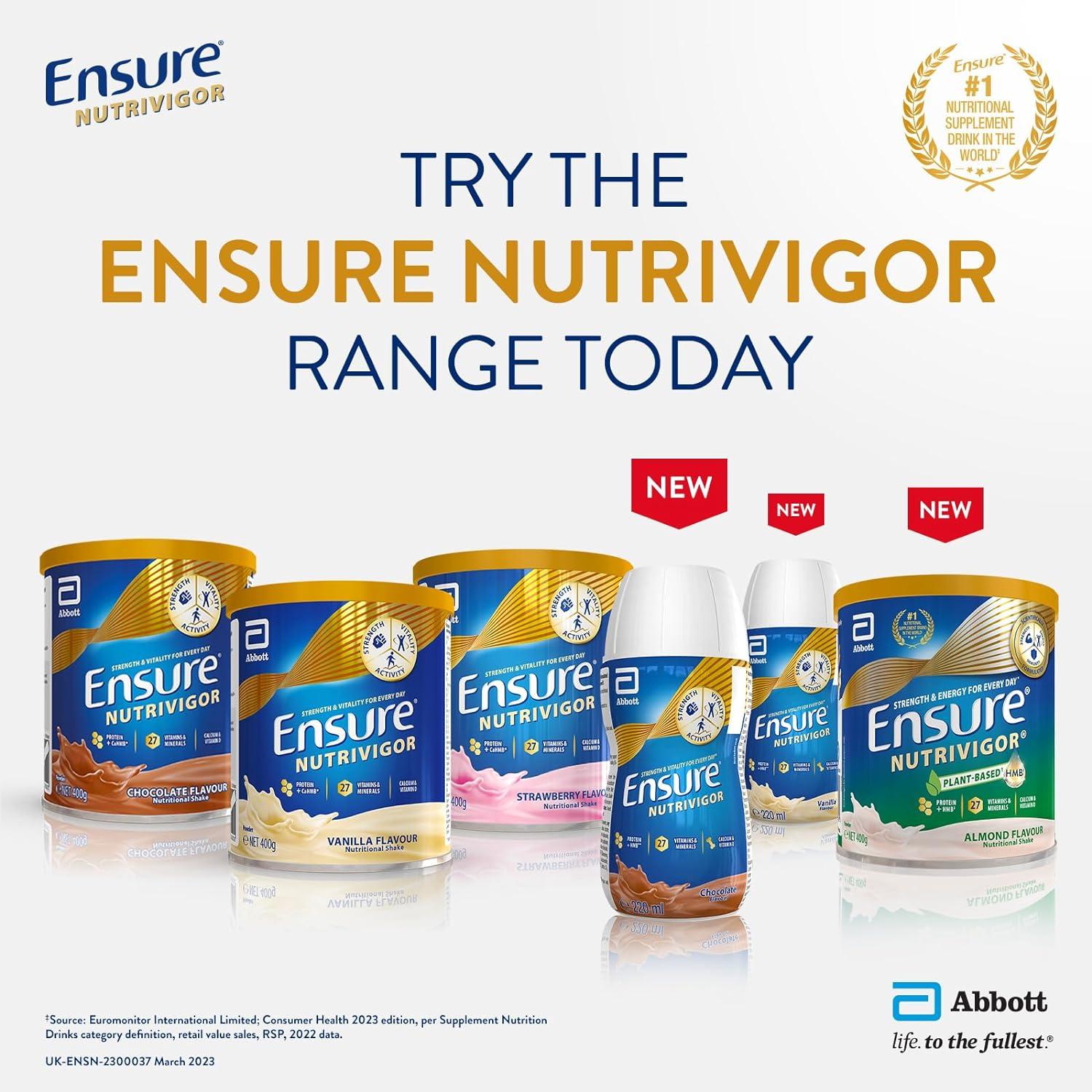 Ensure NutriVigor Nutritonal Shake 220ml x 12 Chocolate Flavour Support Strength Energy and ...