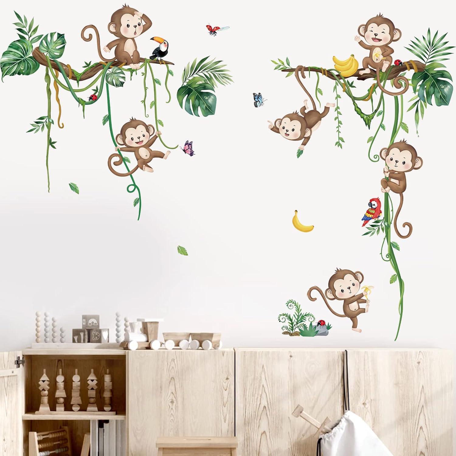 Decalmile Jungle Monkey Climbing Tree Wall Decals - Animal Vine Leaves ...