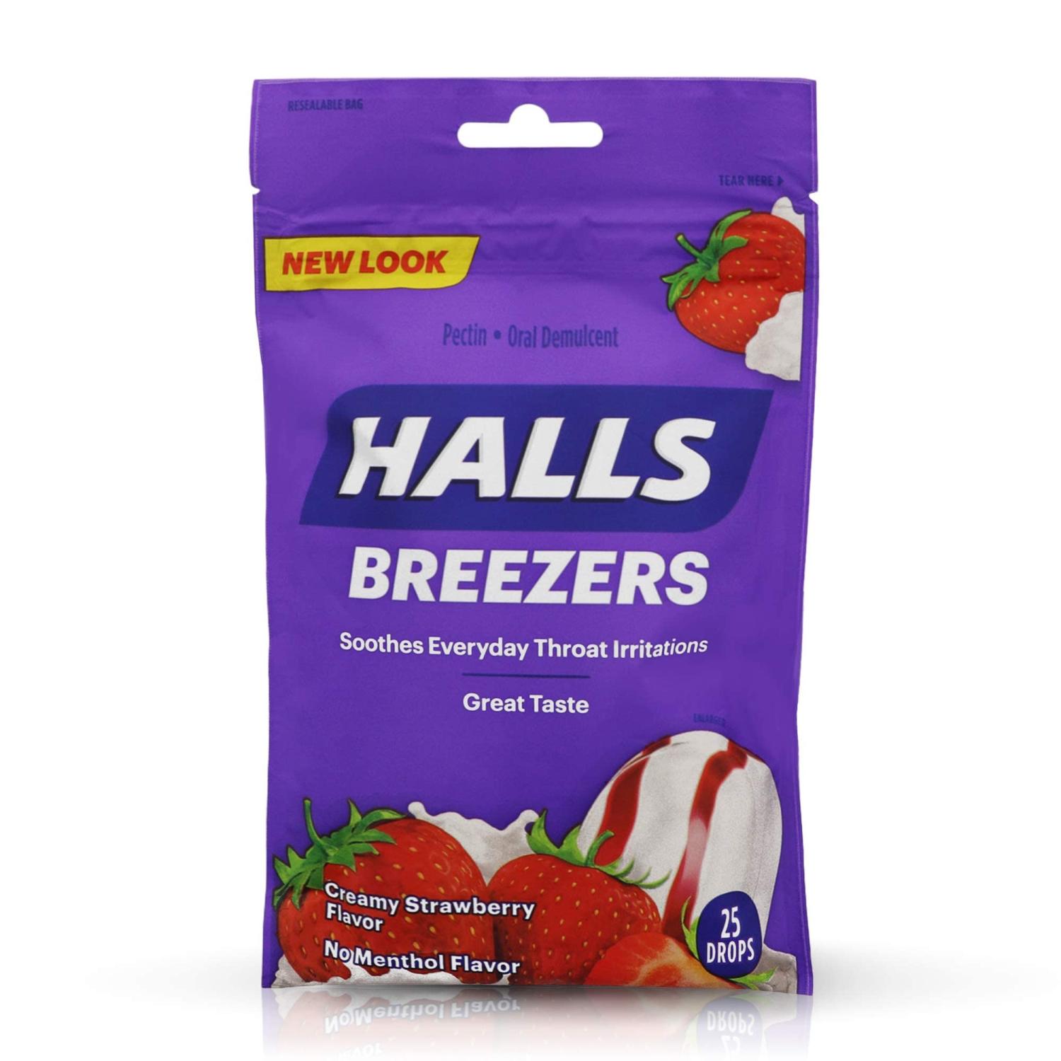 Halls Breezers Drops Cool Creamy Strawberry 25 ea - Soothing Throat ...