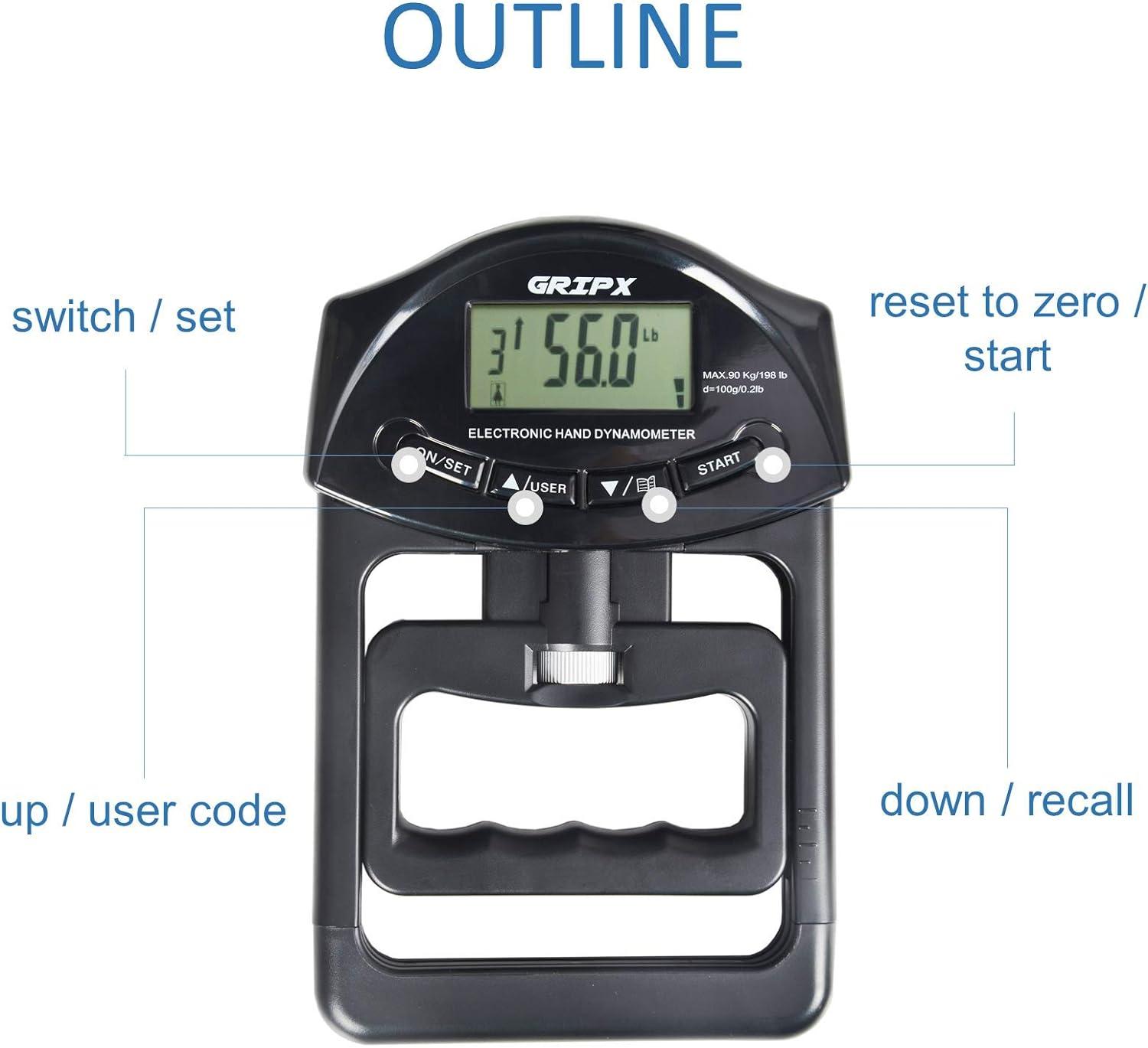 GRIPX Digital Hand Dynamometer - Electronic Grip Strength Meter 198 lbs ...