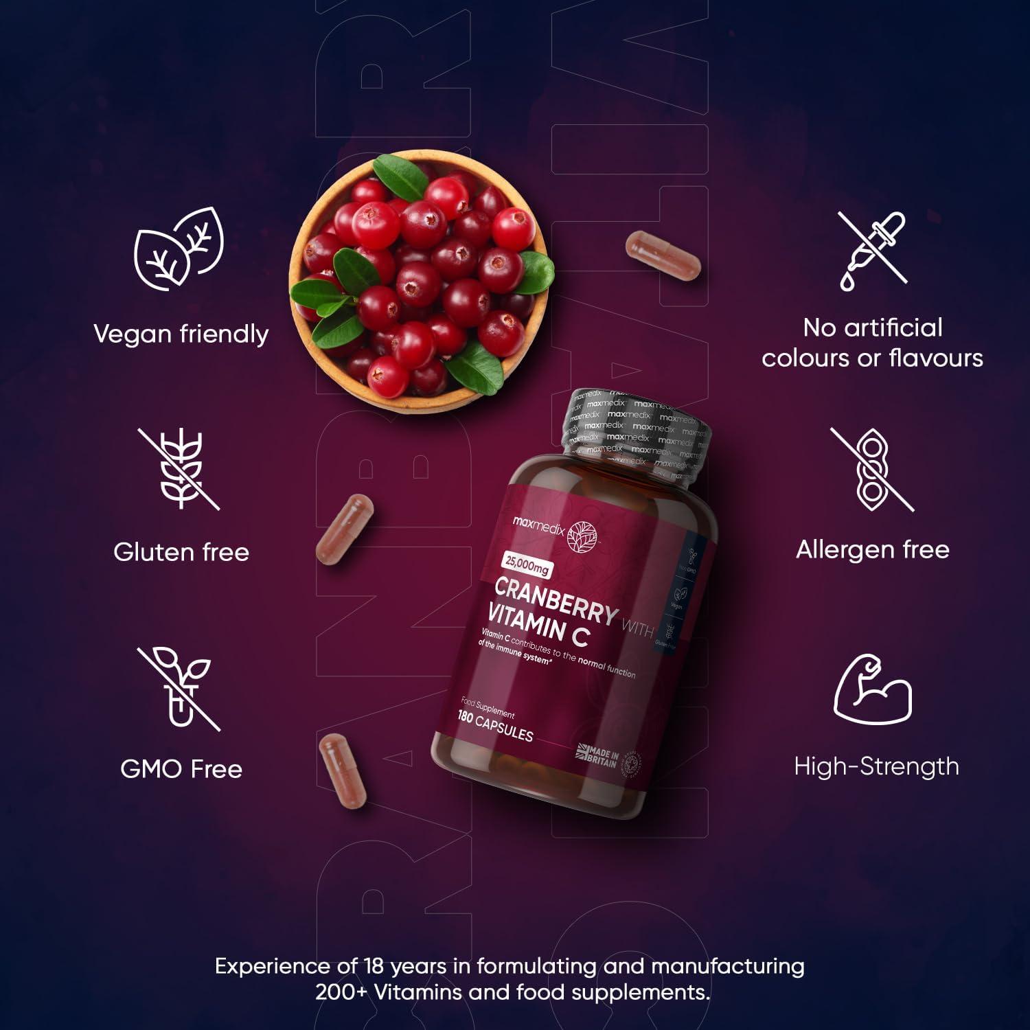 Cranberry Capsules 50000mg - 180 Vegan Capsules with Vitamin C | High ...