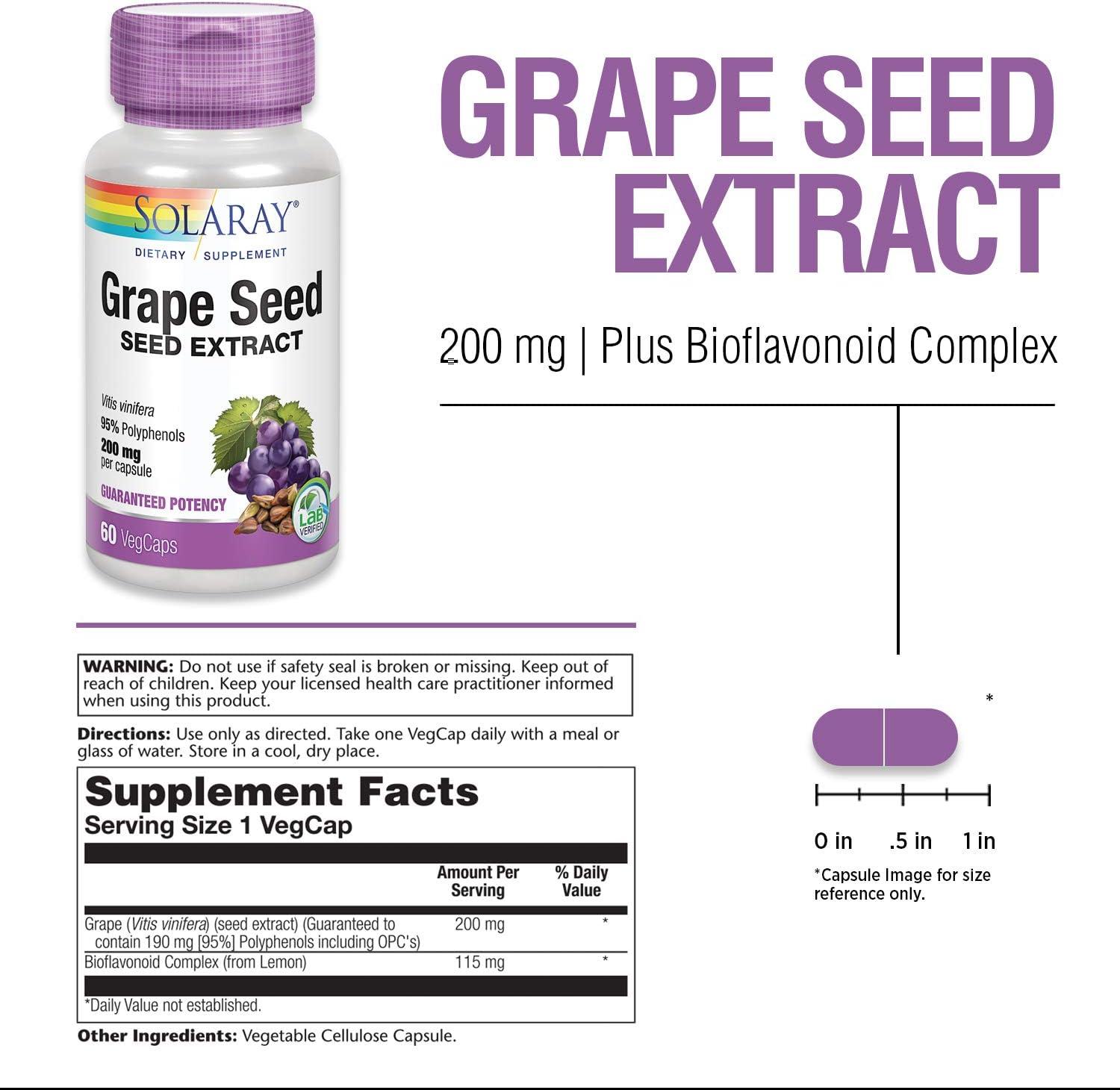 SOLARAY Grape Seed Extract 200mg + Bioflavonoids | Cardio & Blood Vessel Support | 60 VegCaps ...