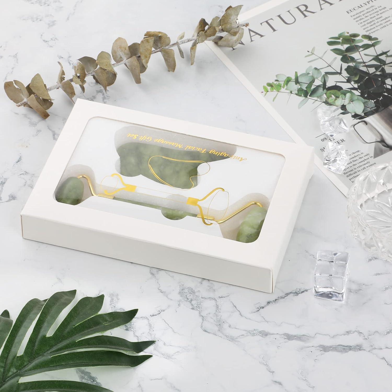 Geeric Gua Sha & Jade Roller Set | Natural Green Facial Massager for ...