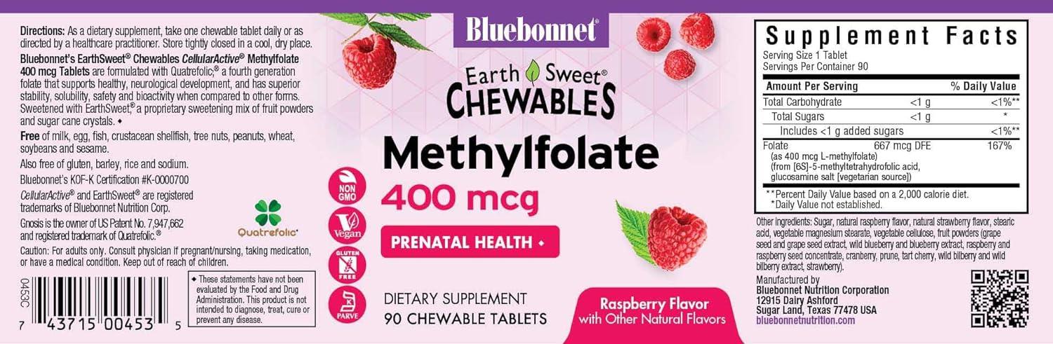 BlueBonnet Earth Sweet Methylfolate 400 mcg Chewable Tablets - 90 Count ...