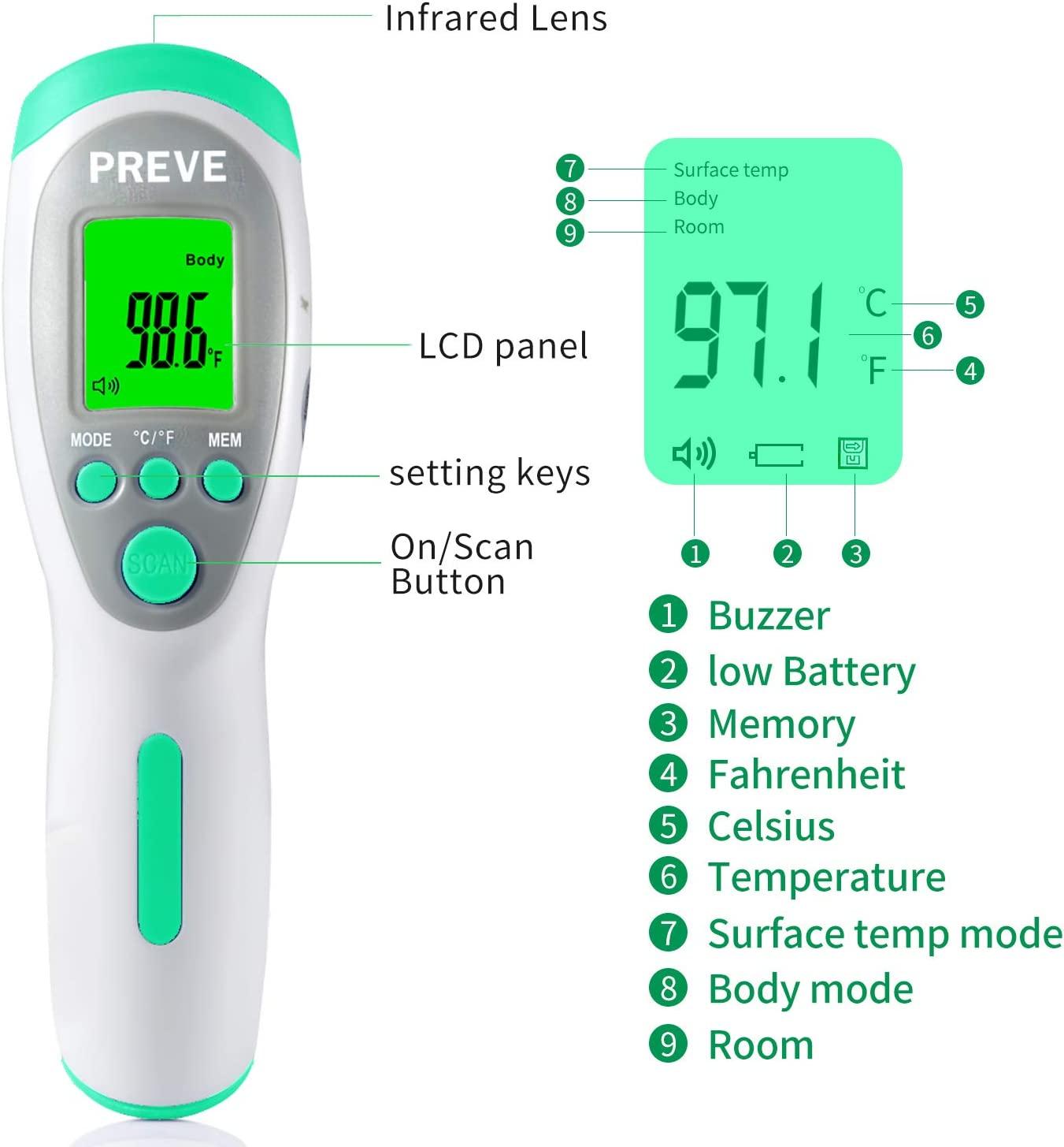 PREVE Non Contact Infrared Forehead Thermometer - Accurate Fever Alarm ...