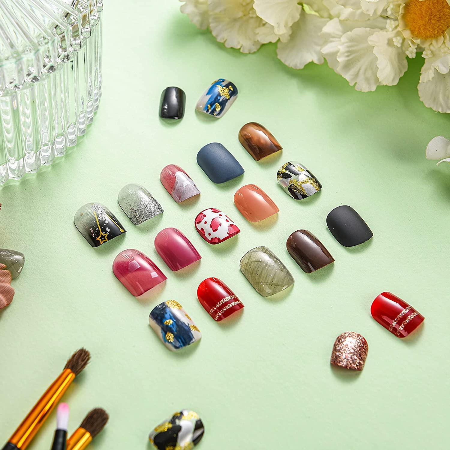 192 Pieces Short Square False Nails - Colorful Full Cover Fake ...